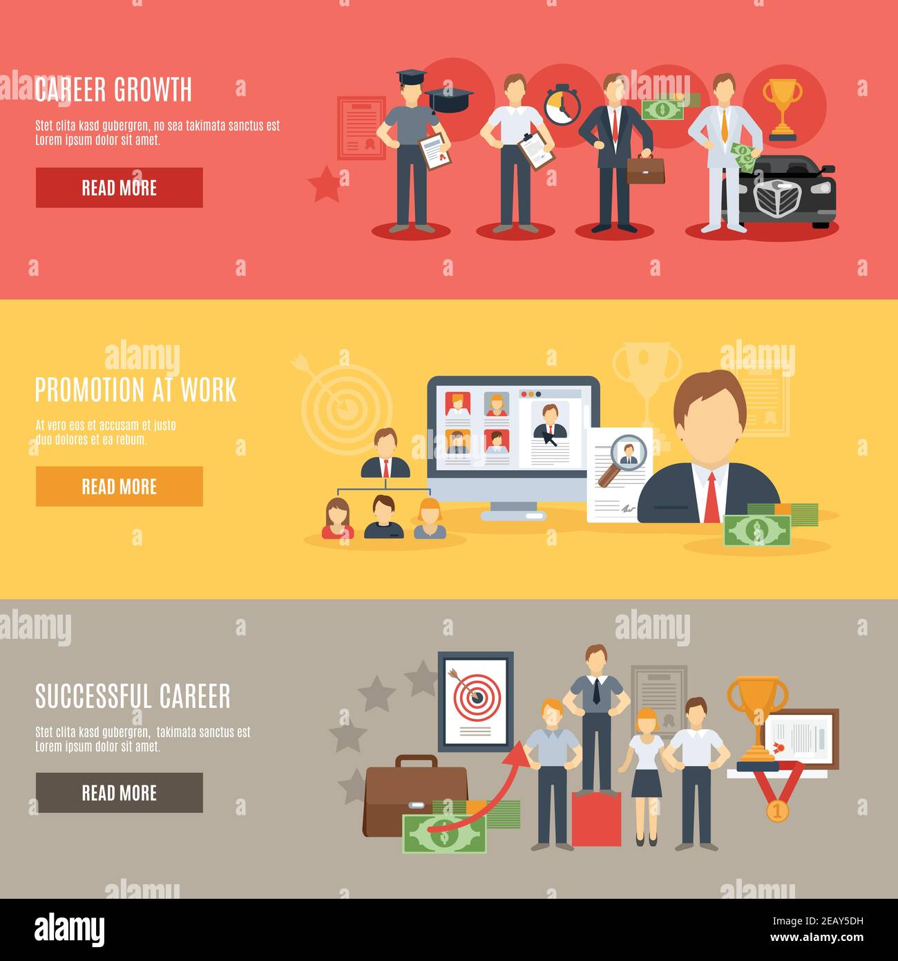 Career growth horizontal banner set with promotion at work flat ...