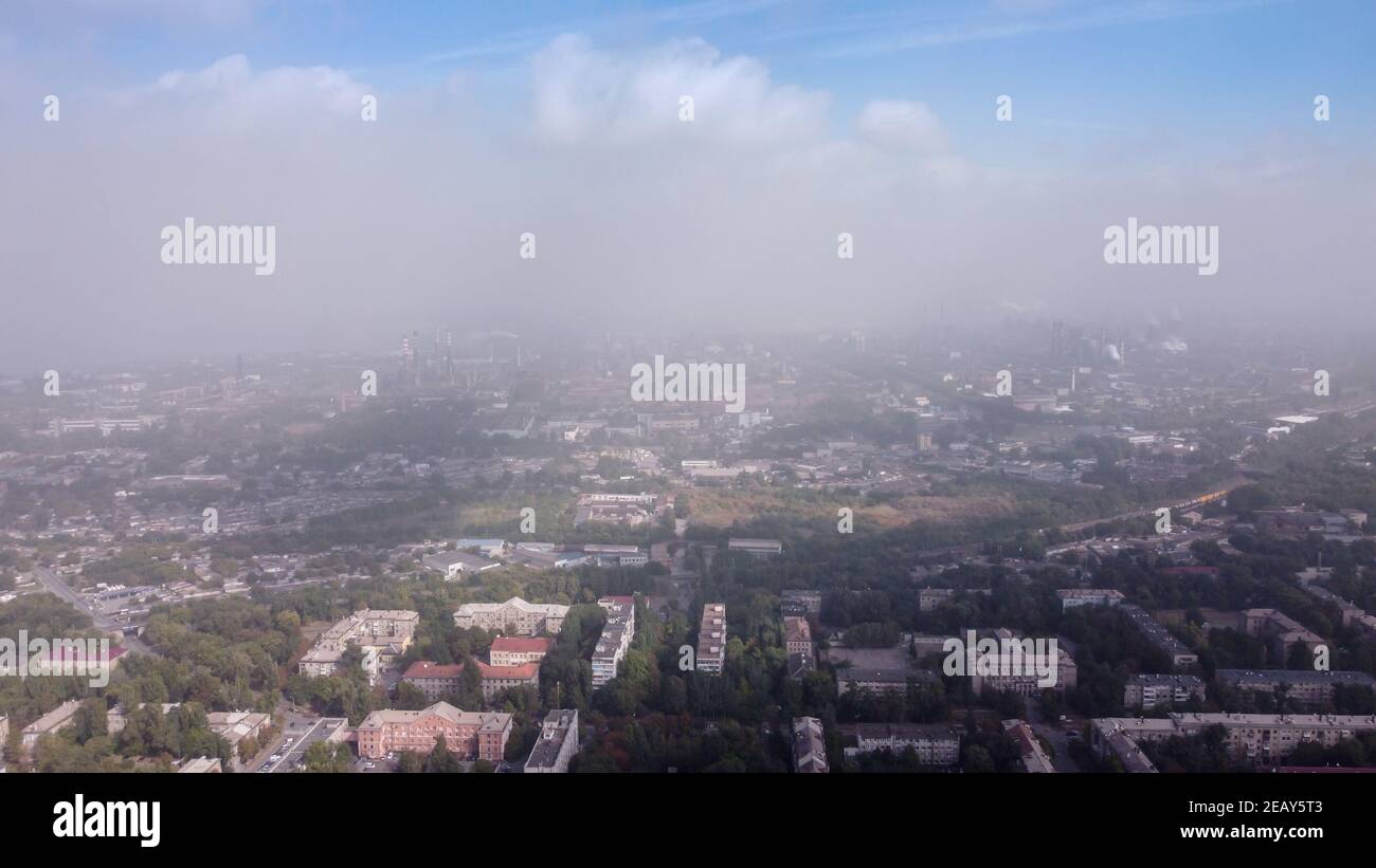 Smog over the city. Aerial view of smog. Cities and industrial smoke ...