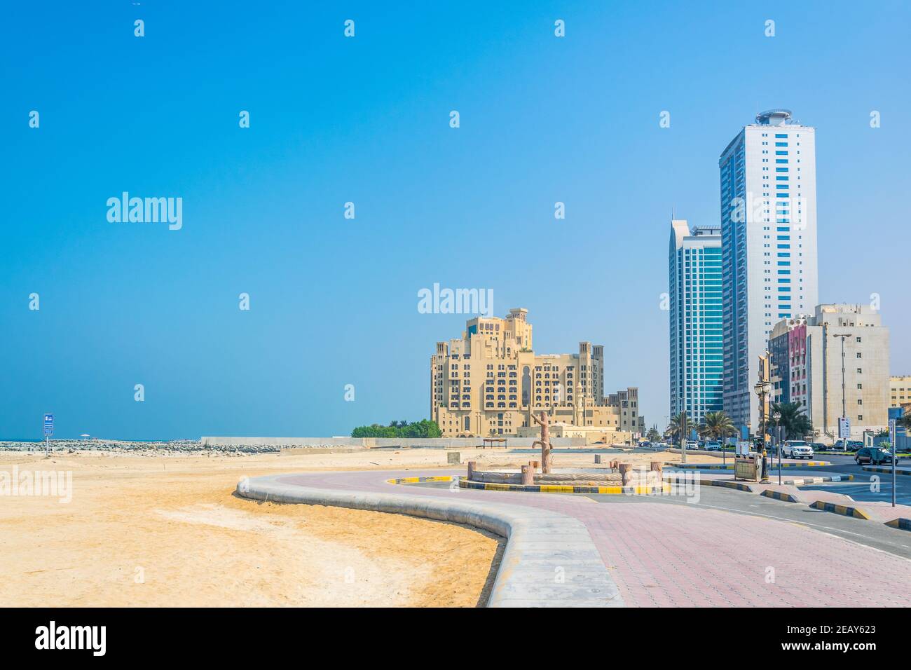 AJMAN, UAE, OCTOBER 24, 2016: Hotels stretched alongside beach in the ...