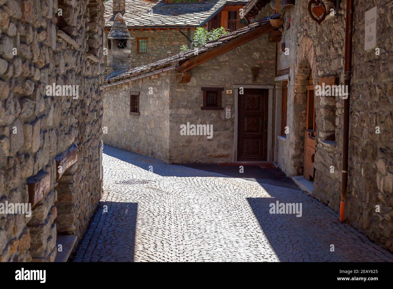 Ancient charming village of Entreves in Aosta Valley, Italy Stock Photo ...