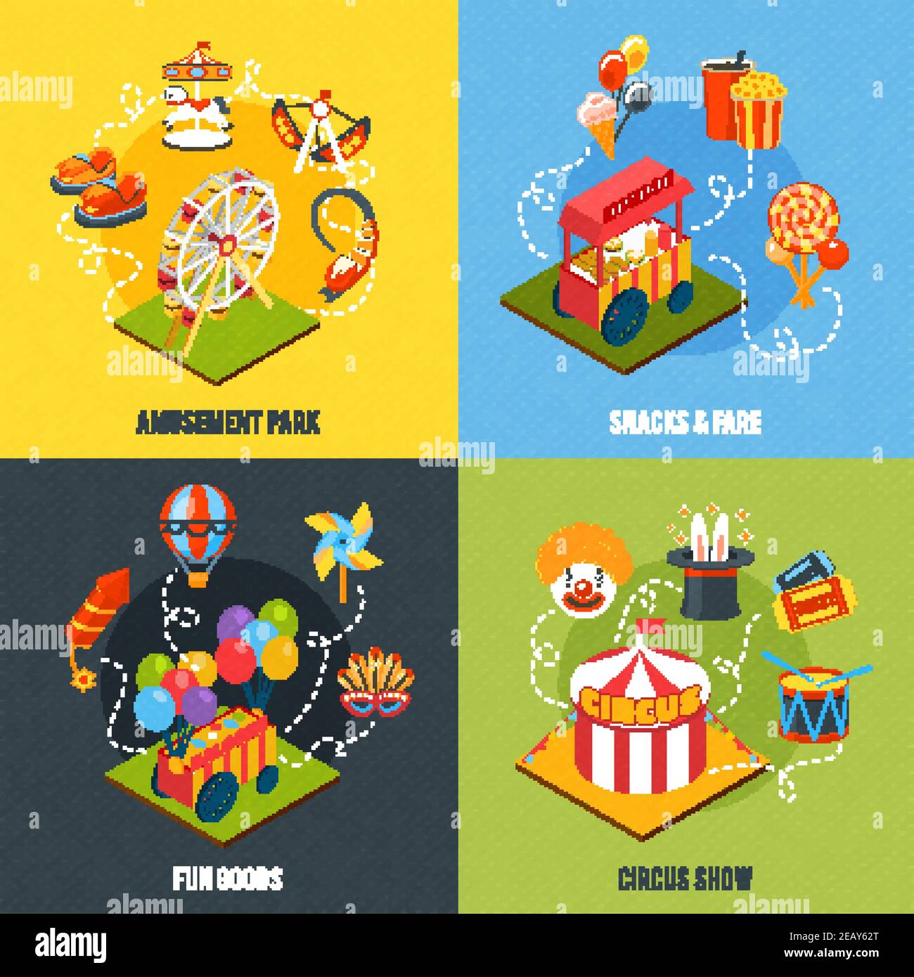 Carnival design concept with amusement park and circus show isometric ...