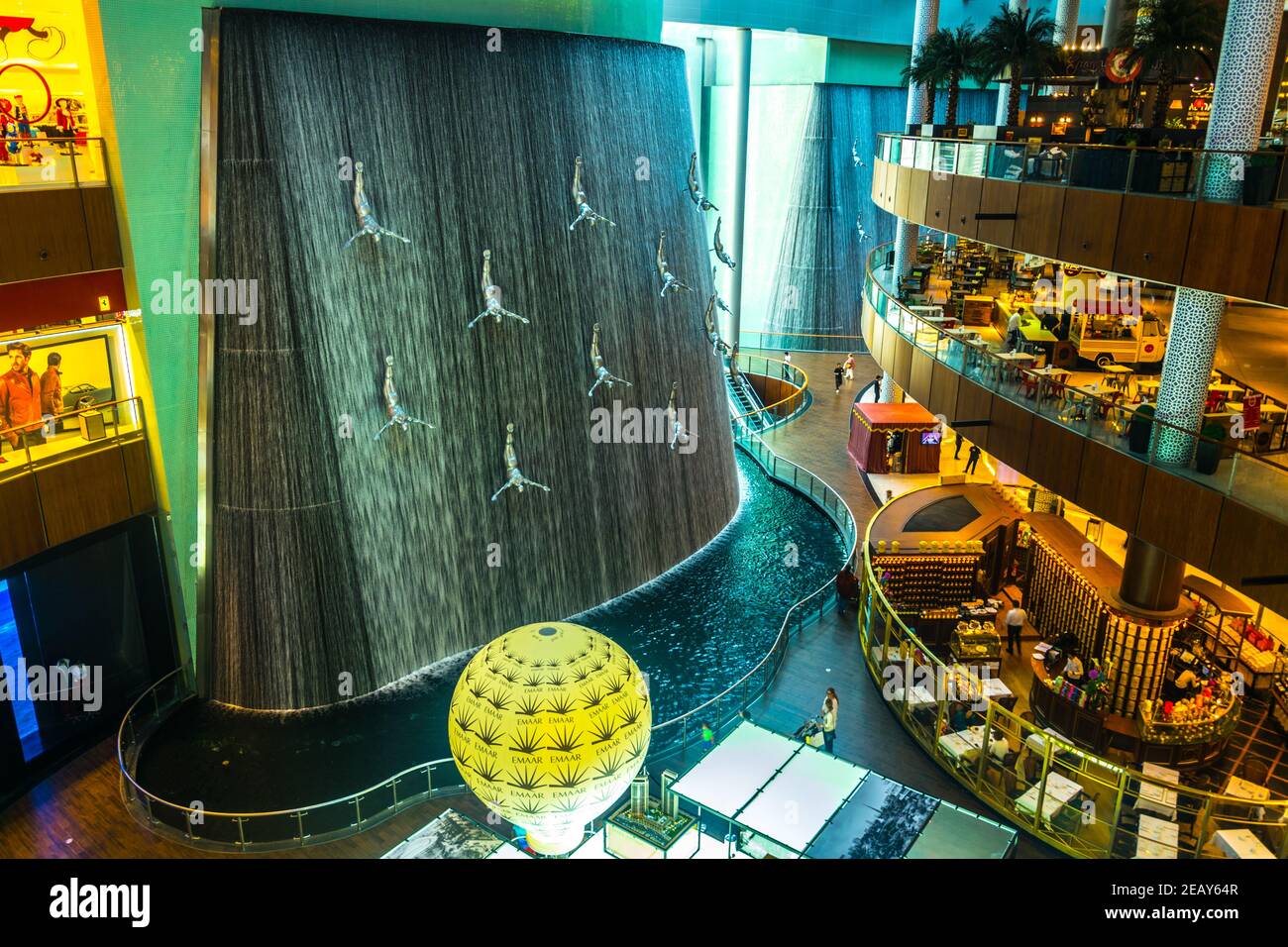 DUBAI, UAE, OCTOBER 26, 2016: View of an artificial waterfall with ...