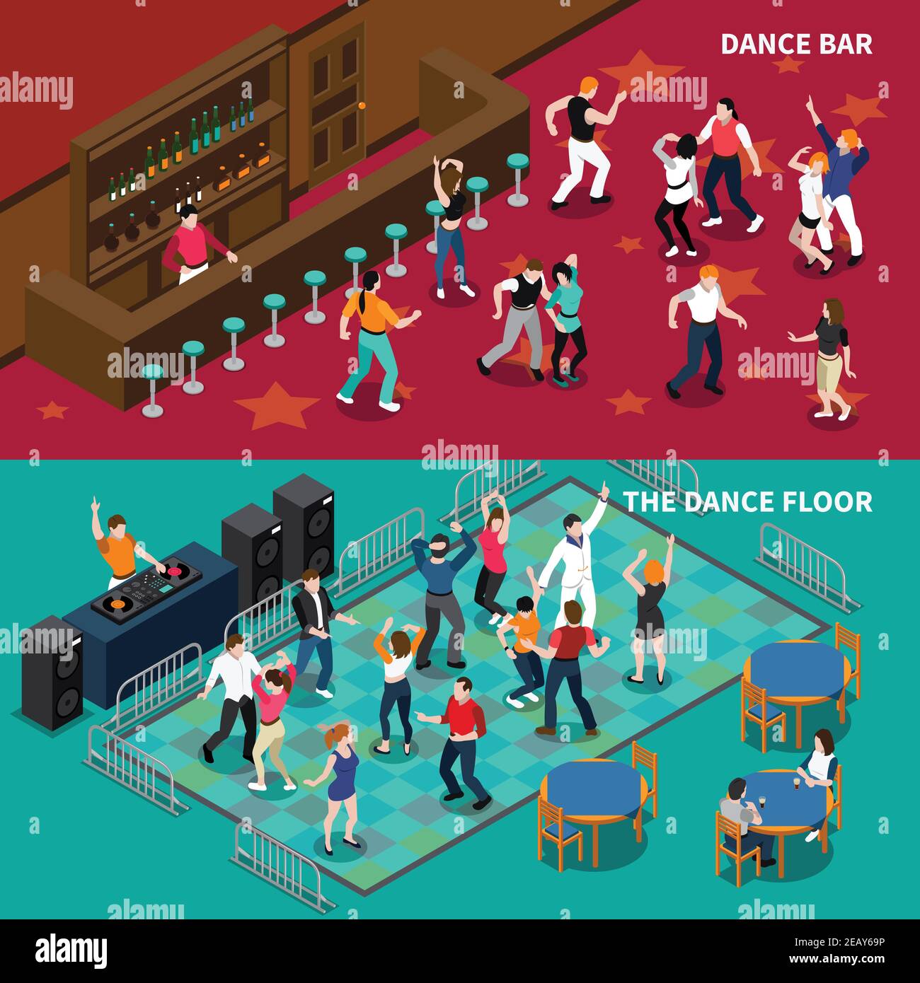 DJ bar pubs and cafe dance floor 2 horizontal isometric banners set ...