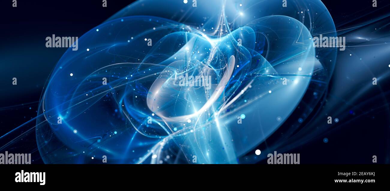 Blue glowing quantum tunnel gateway with elementary particles, computer generated abstract ...