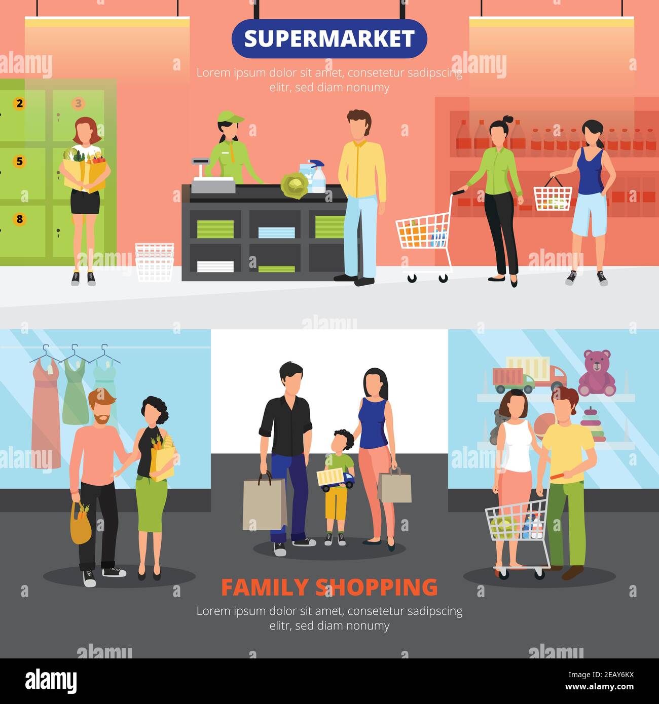 Shopping people horizontal banners set with family shopping symbols ...