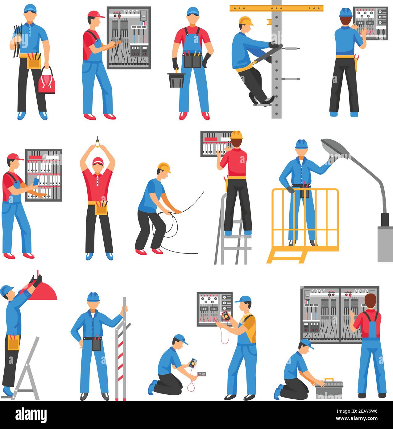 Electric people decorative icons set with electricians performing ...