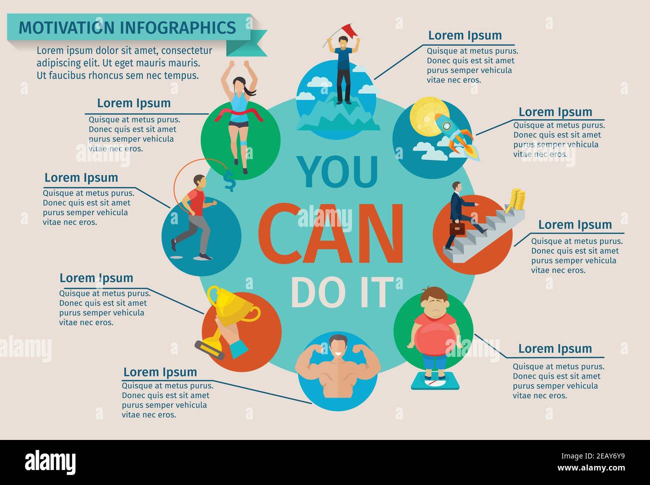 Motivation infographics set with flat efficiency competition ...