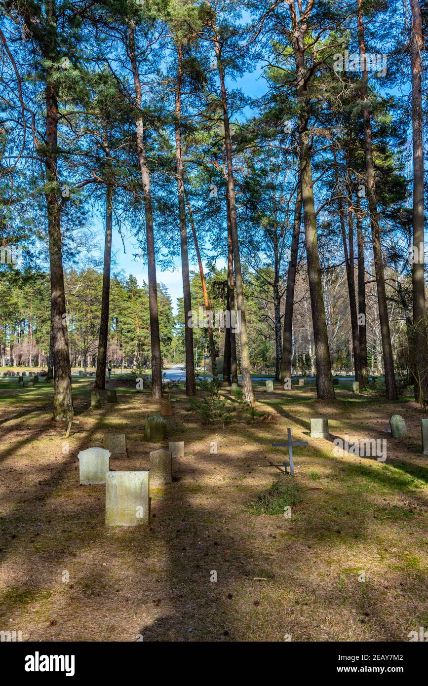 STOCKHOLM, SWEDEN, APRIL 21, 2019: Tombstones at the Skogskyrkogarden ...