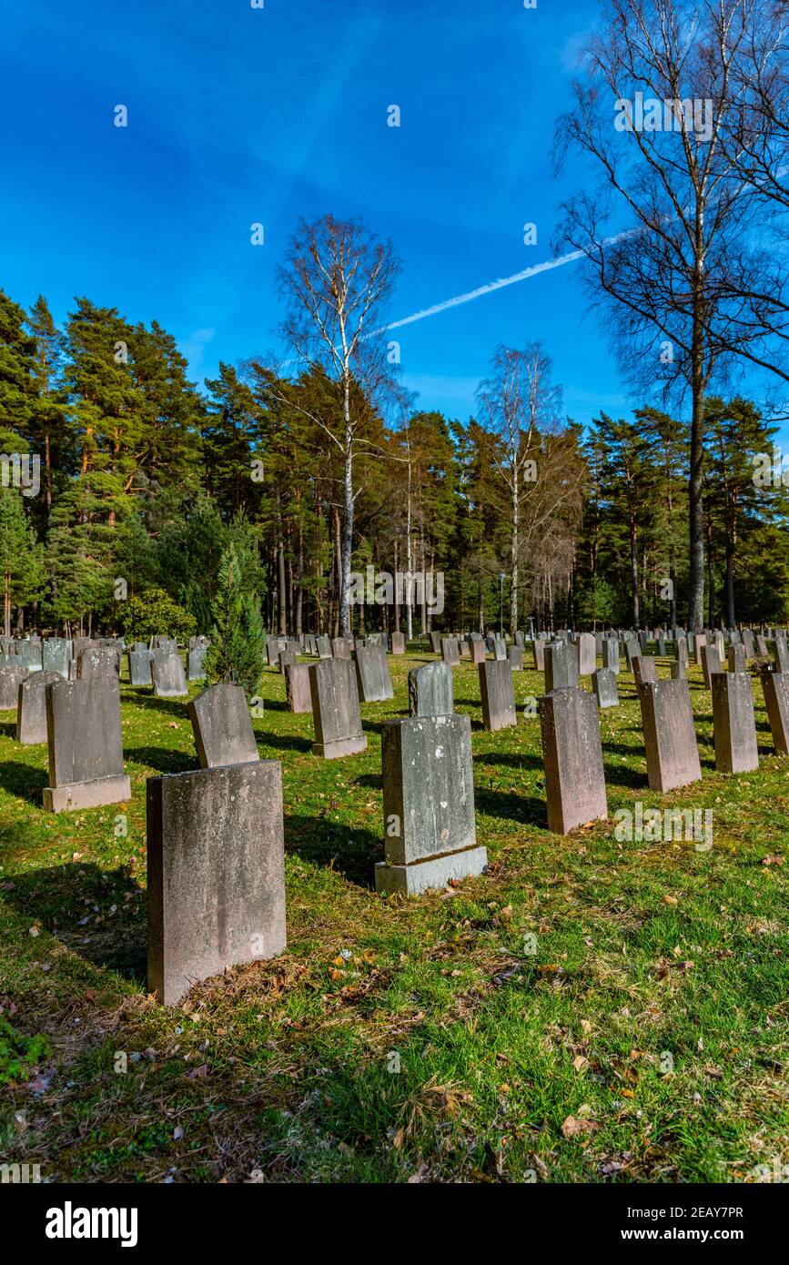 STOCKHOLM, SWEDEN, APRIL 21, 2019: Tombstones at the Skogskyrkogarden ...
