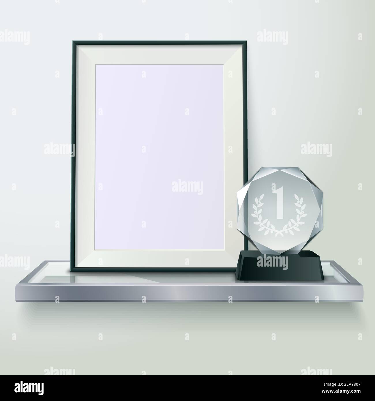 Faceted round crystal glass winner trophy and photo frame on shelf ...