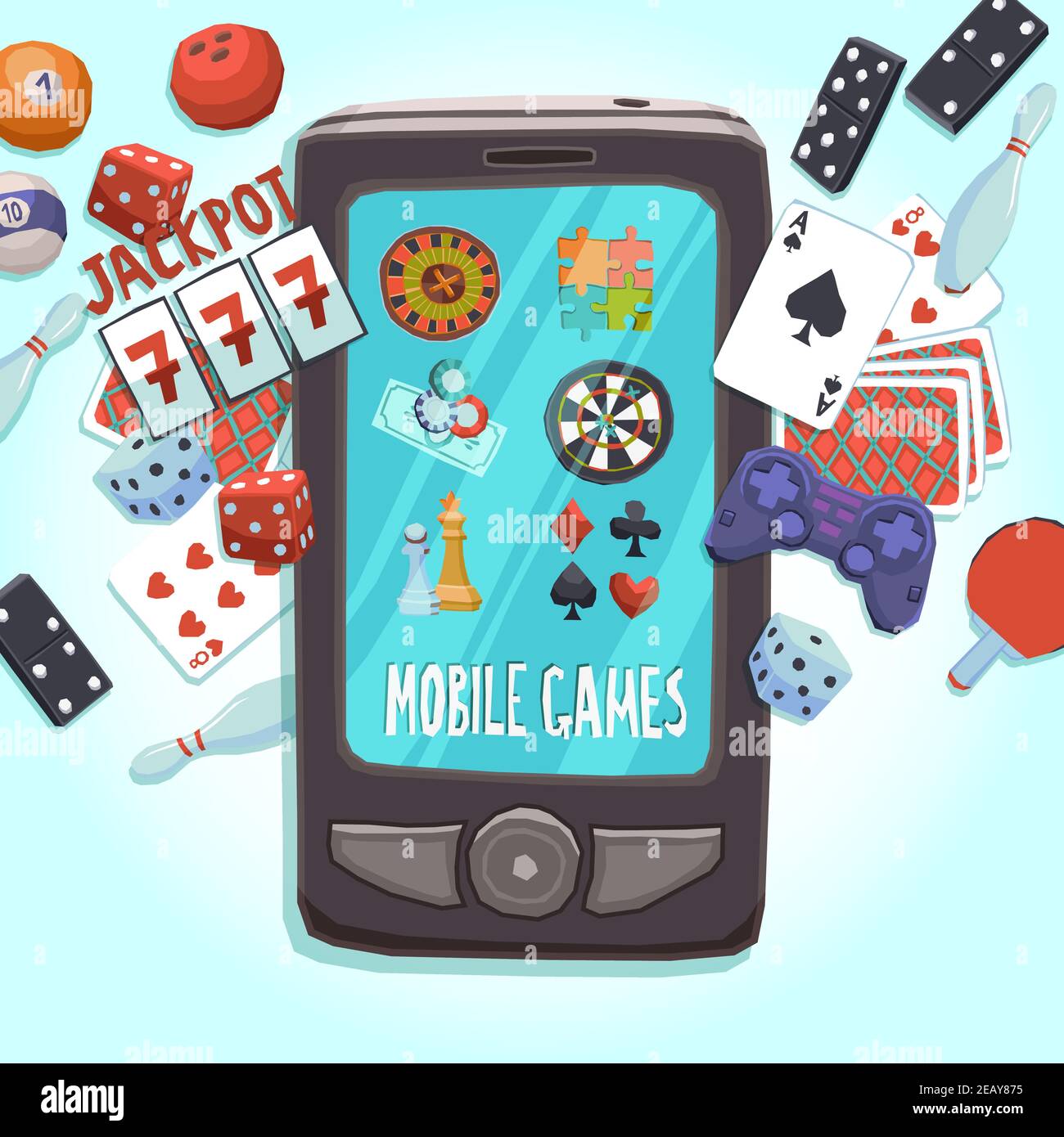 Mobile phone games concept with casino bowling ping-pong dice domino ...