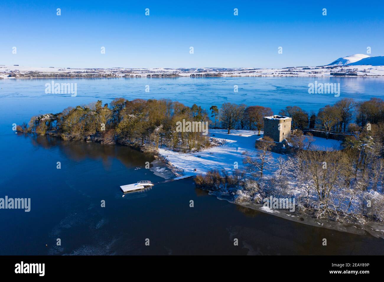 Kinross, Scotland, UK. 11 Feb 2021. Aerial view of a snow covered ...