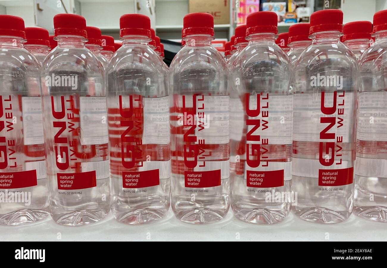 FRESNO, UNITED STATES - Feb 10, 2021: A photo of a row of GNC Bottled ...