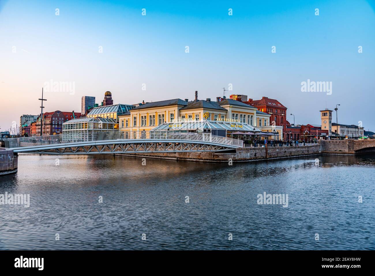 MALMO, SWEDEN, APRIL 24, 2019: Sunset view of waterfront alongside a ...