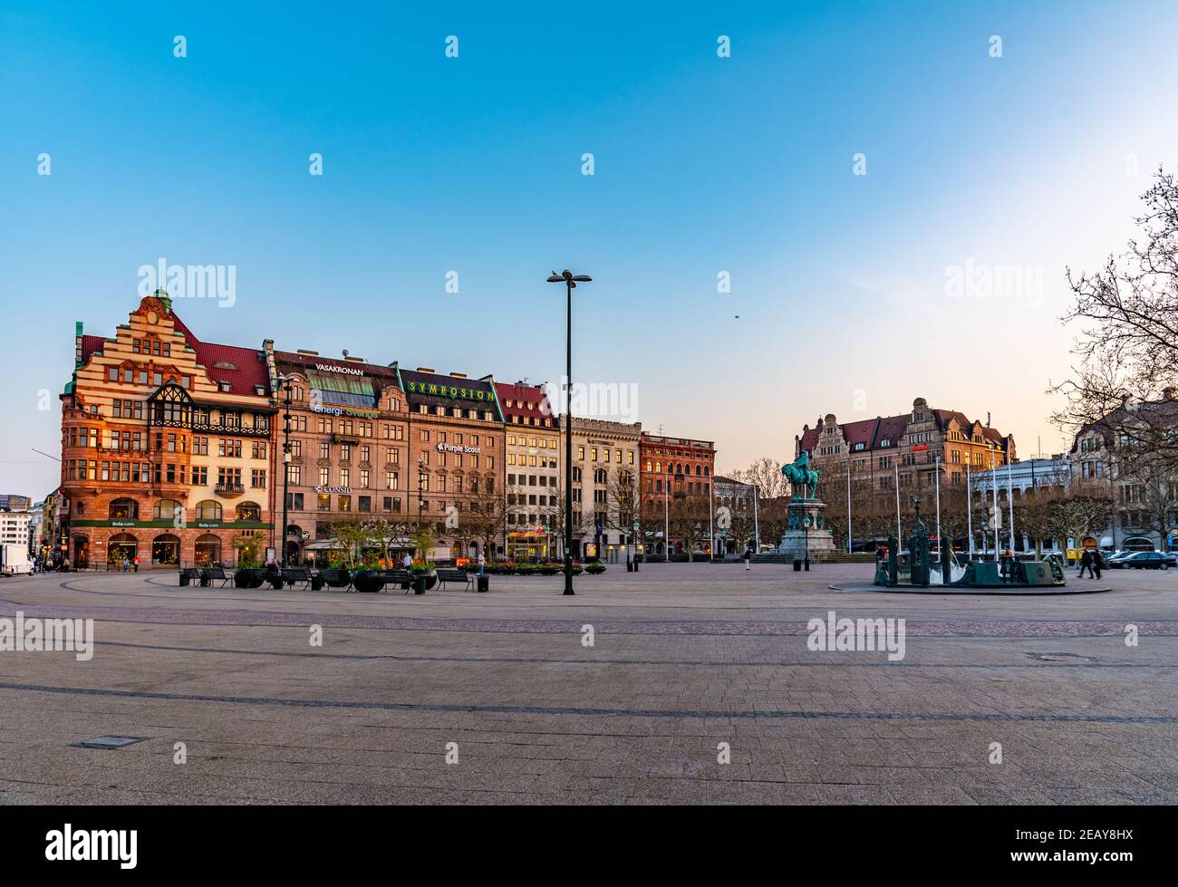 MALMO, SWEDEN, APRIL 24, 2019: Sunset view of statue of king carl x ...