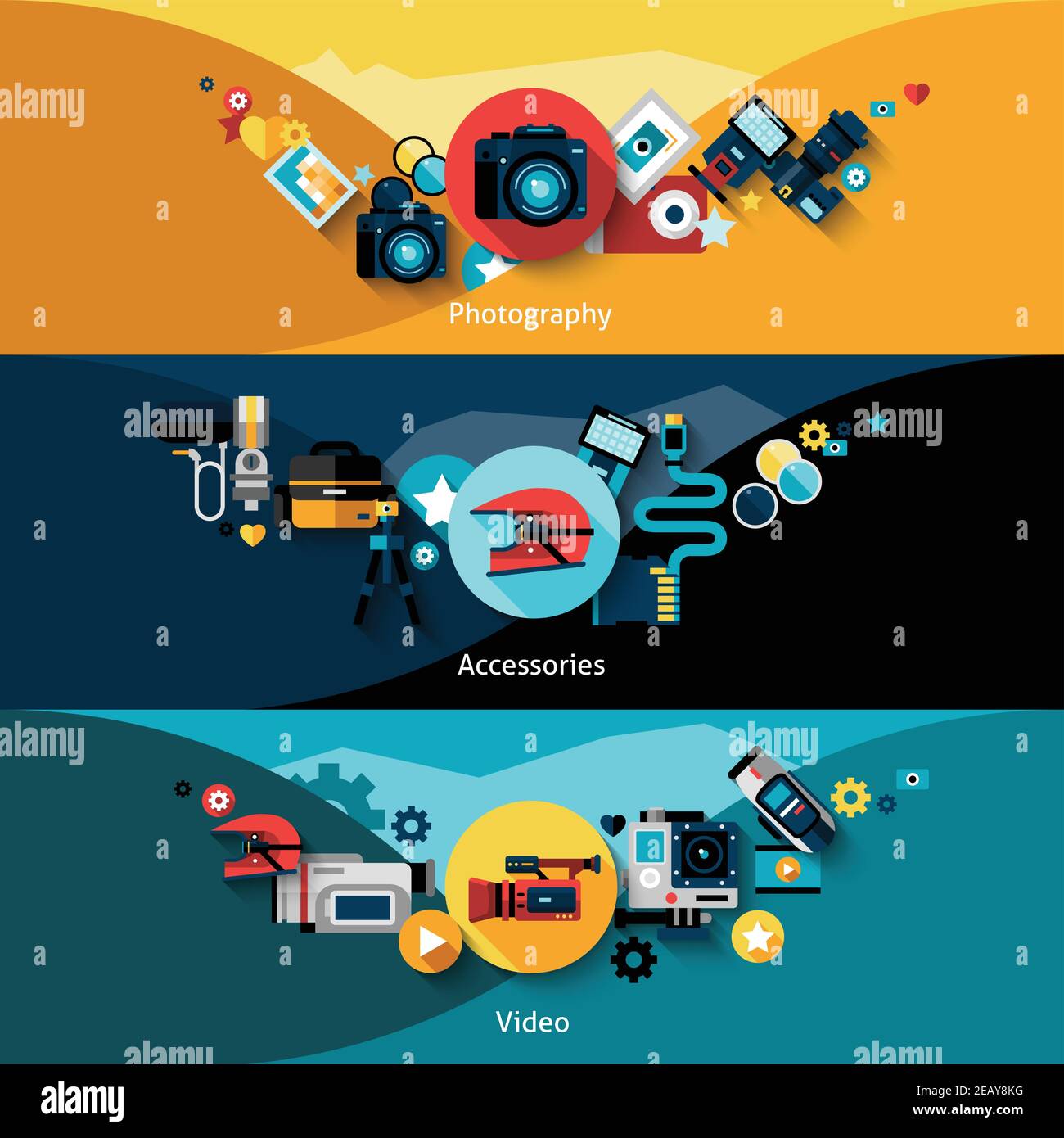 Camera horizontal banners set with video and photography accessories ...
