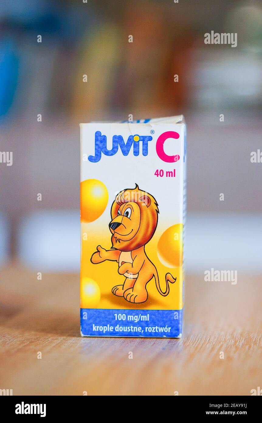POZNAN, POLAND - Mar 02, 2016: Juvit C medicine in a box standing on ...