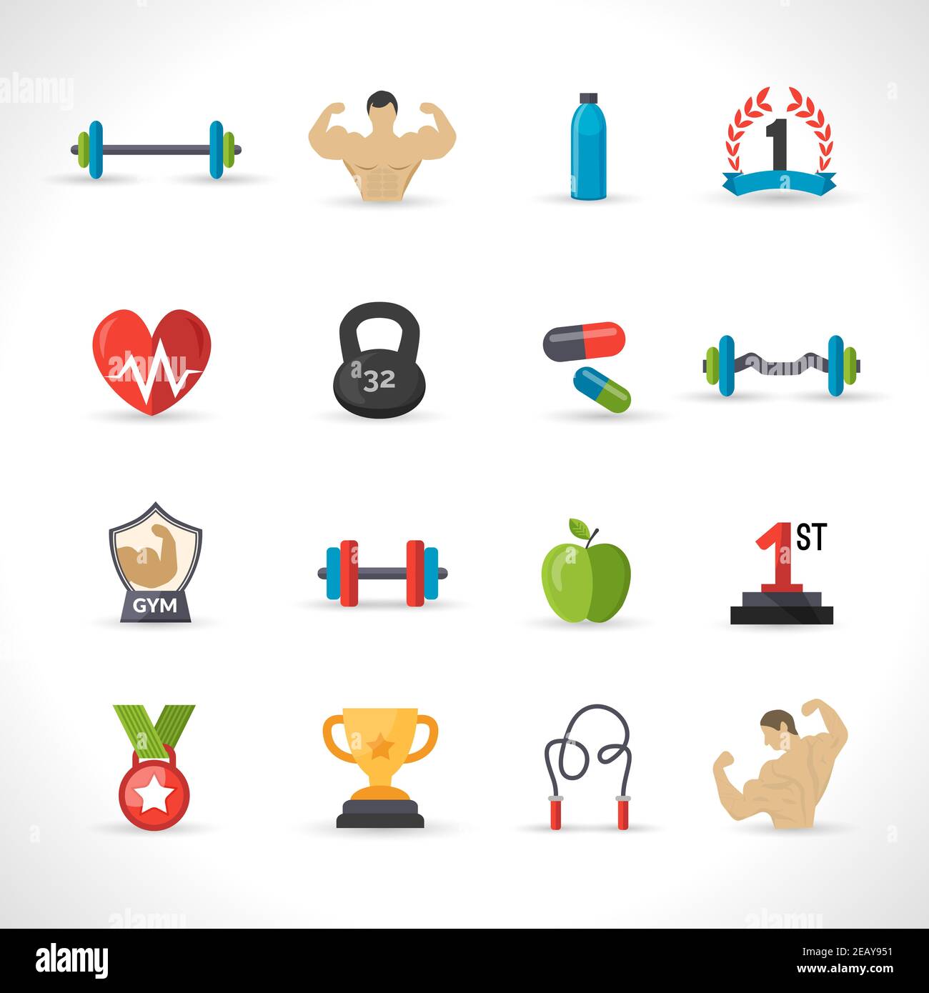 Bodybuilding icons flat set with barbell bodybuilder iron isolated ...