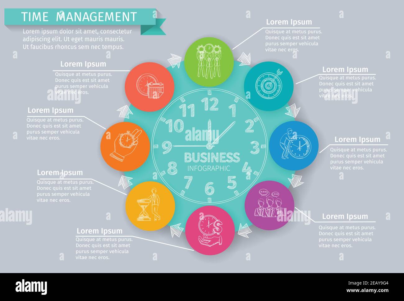 Time management infographics set with sketch business symbols vector ...