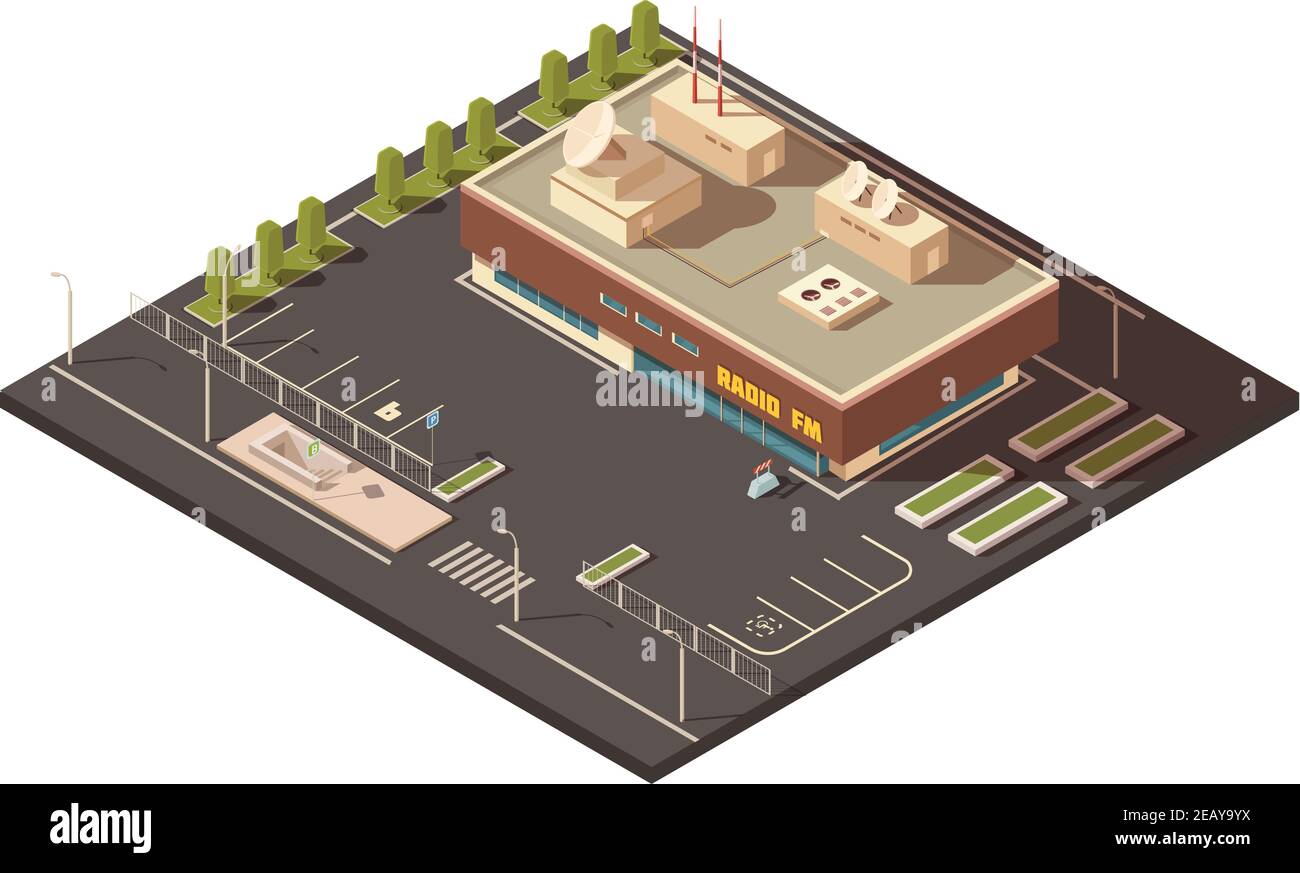 Radio center building concept with parking and equipment isometric ...