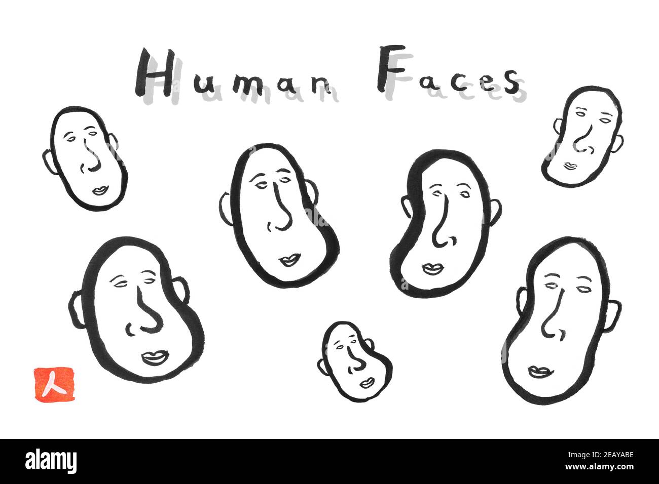 human face, natural black ink line art, illustration, fine art ...