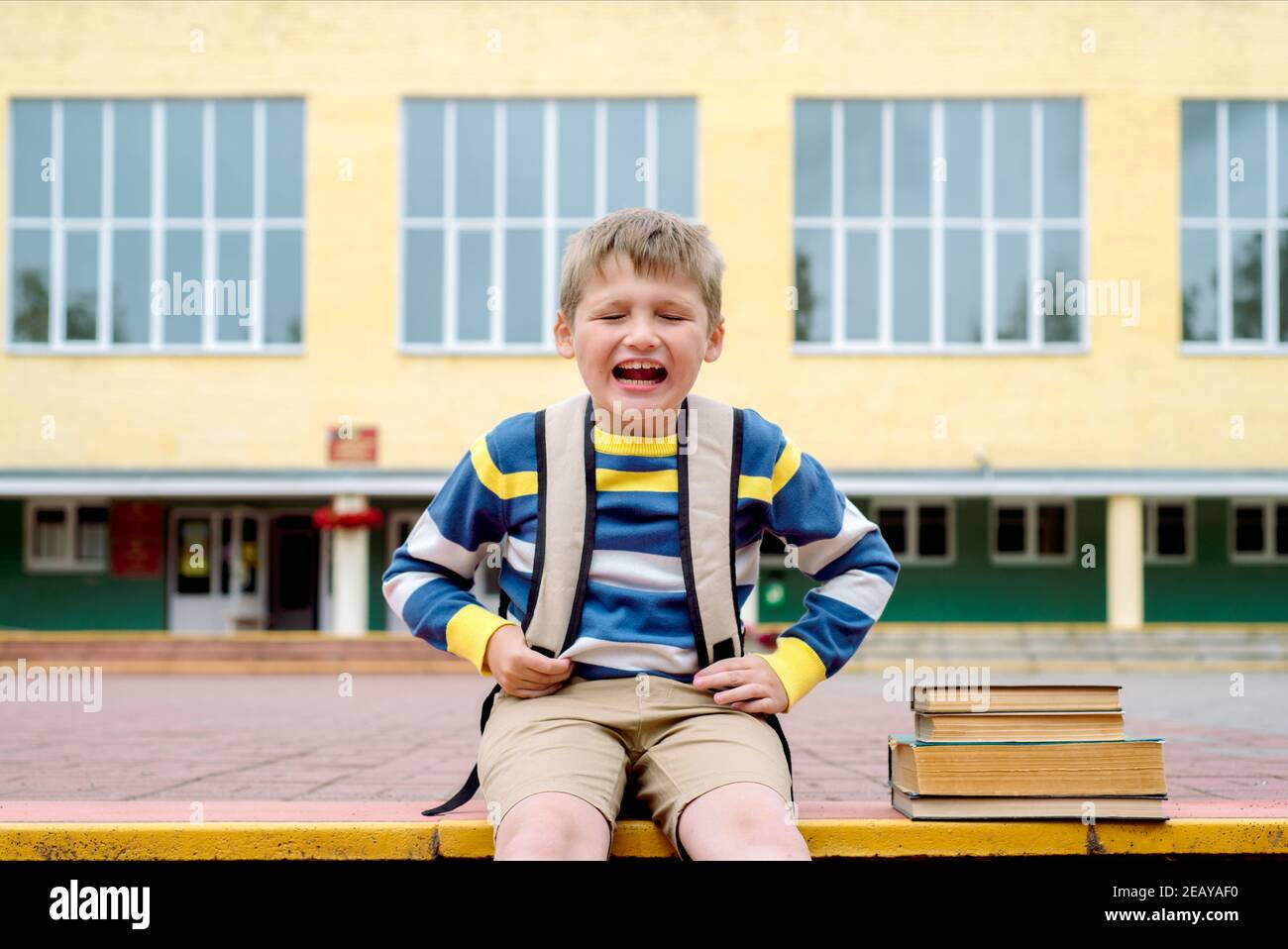 sad displeased schoolboy, the boy cries and does not want to go to ...