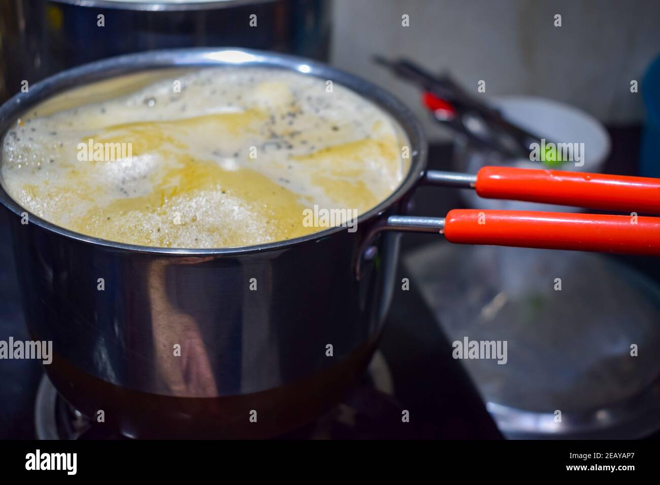 Hot food ready to be cooked on the gas stove, Hot yummy food is ready ...