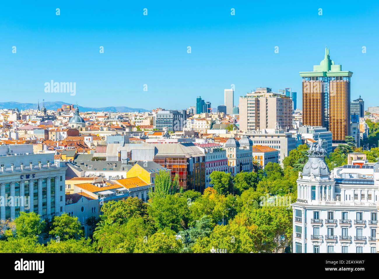 MADRID, SPAIN, OCTOBER 6, 2017: Aerial view of Paseo de Recoletos in ...