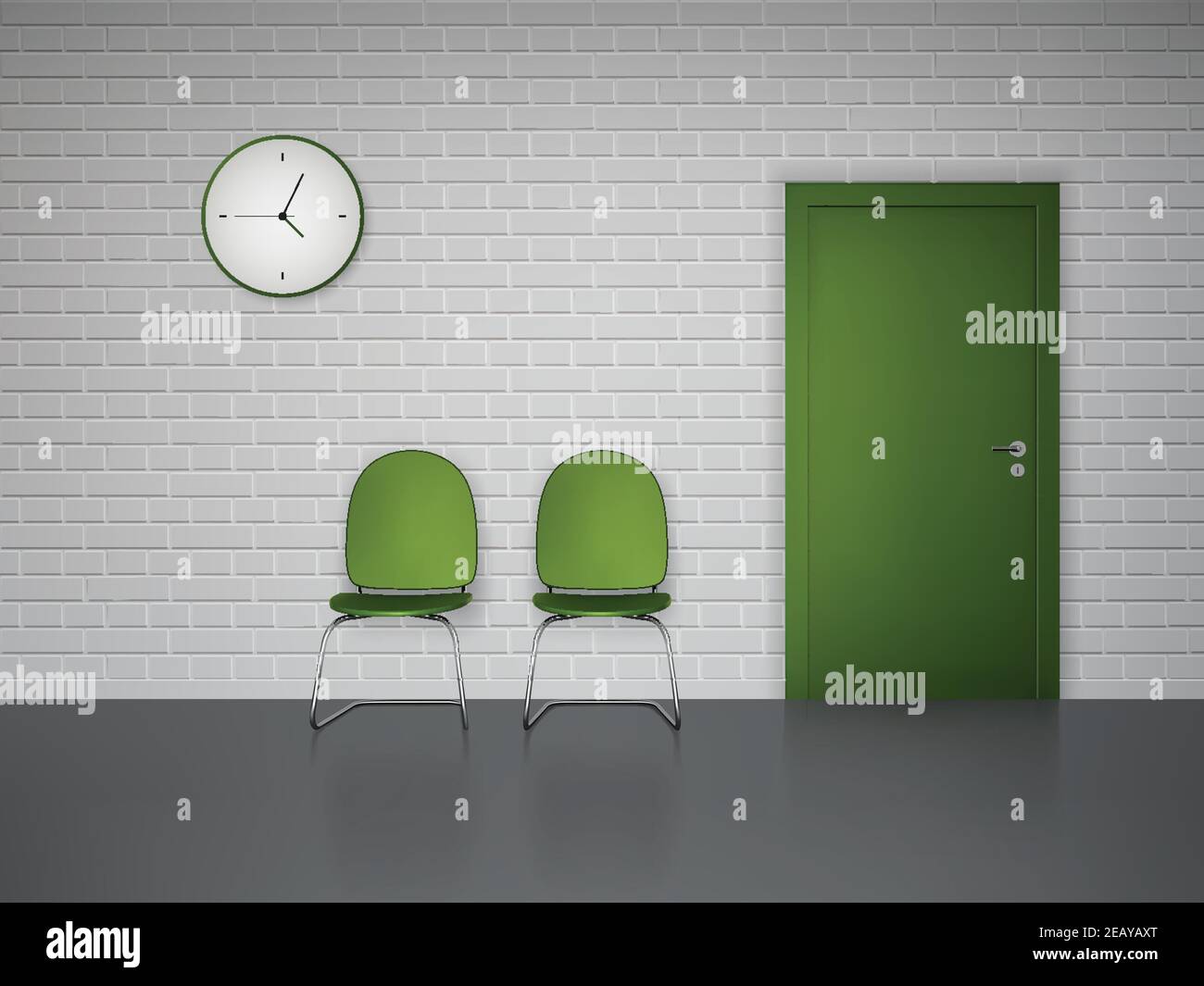 Waiting room interior with wall clock green chairs and door vector ...
