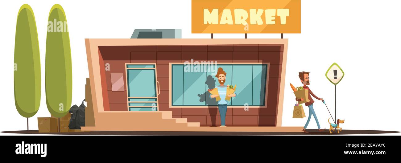 Local market building with customer trees and dog cartoon vector ...