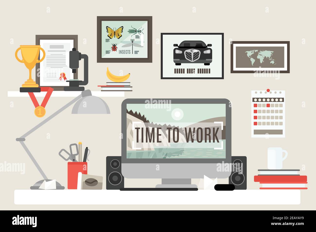 Workspace in room with desk computer and work items flat vector ...