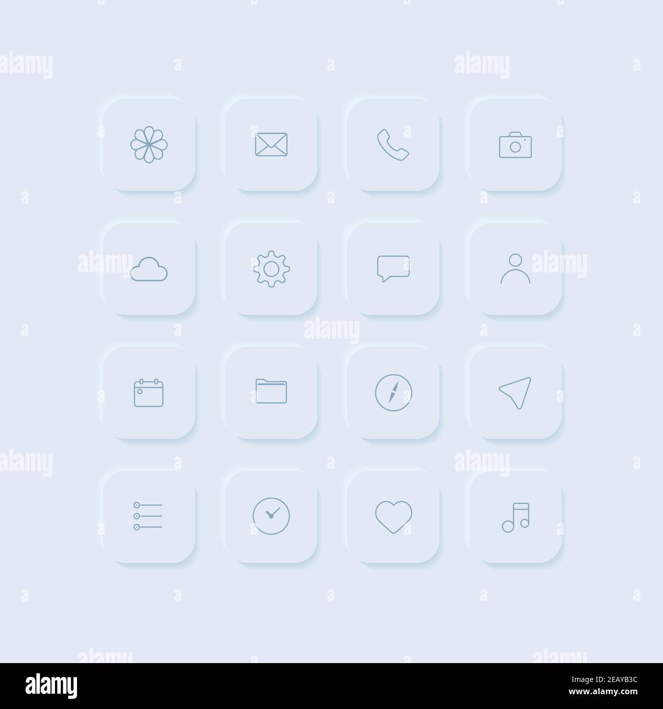 Set of icons in Neumorphism style. Photos, mail, settings, phone icons ...
