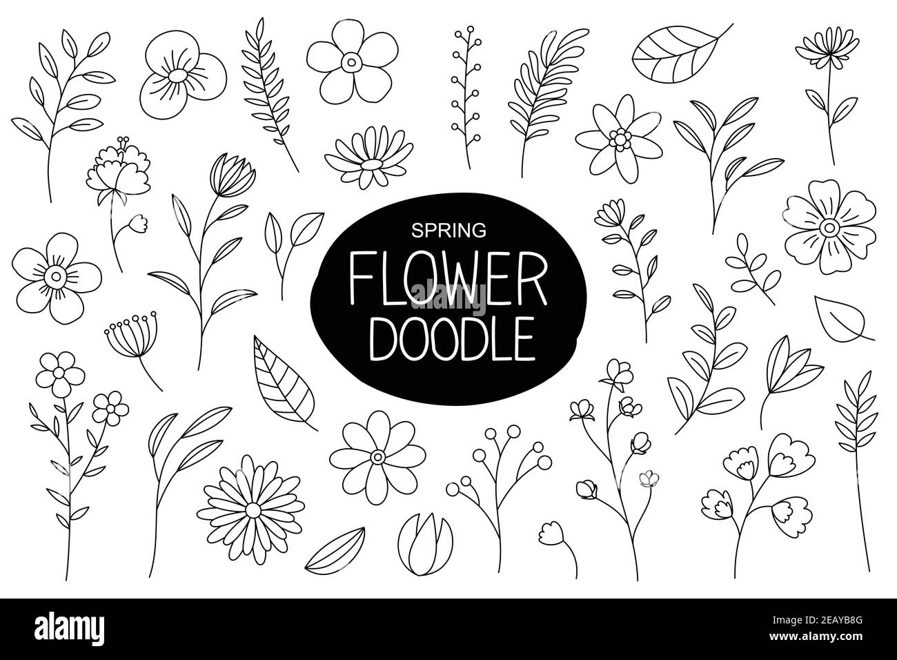 Spring flowers doodle in hand drawn style. Floral and leaves elements ...