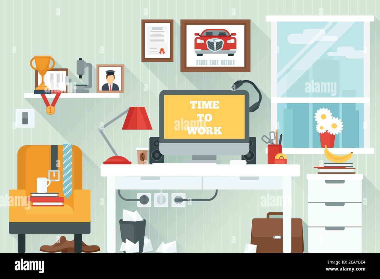Workspace in room with flat work study and interior icons vector ...