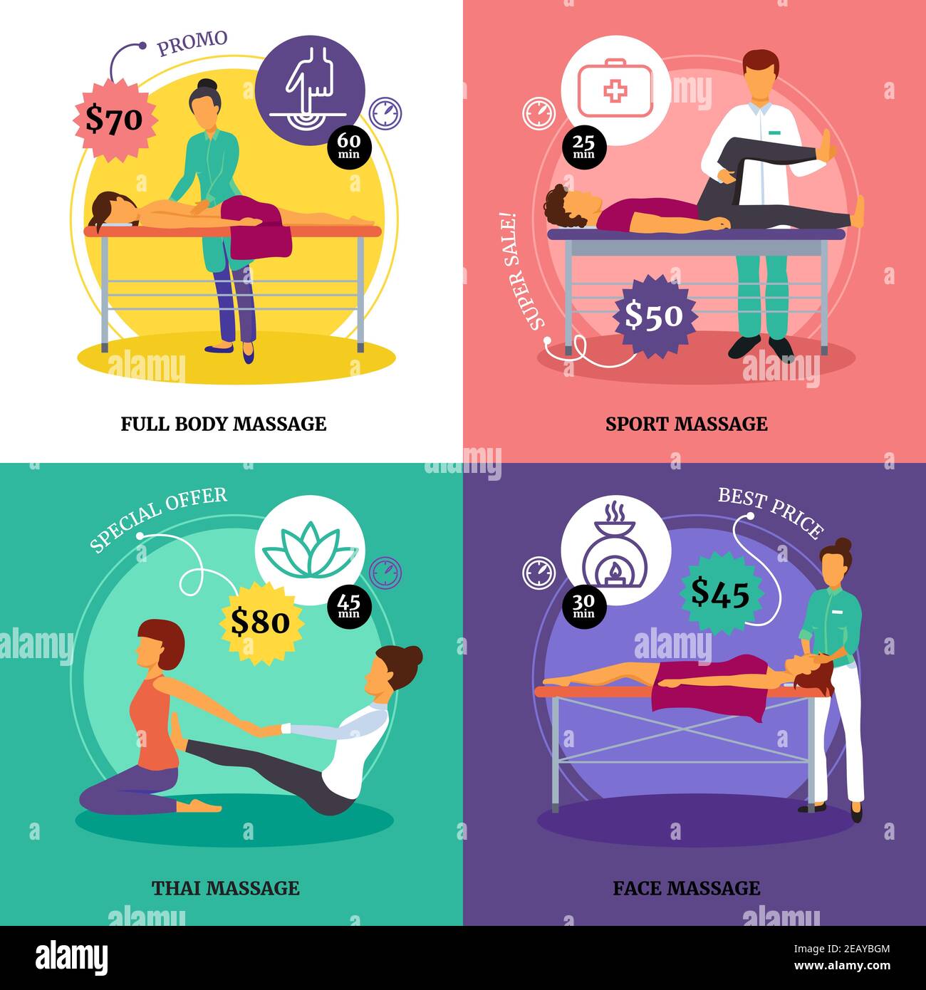 Massage and health concept icons set with full body and sport massage ...