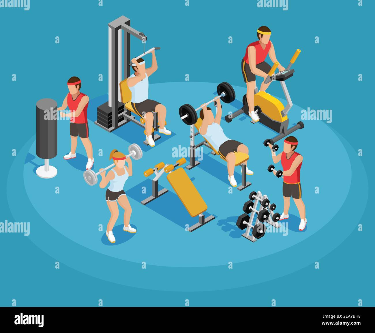 Gym isometric template with people and sports equipments in colorful ...