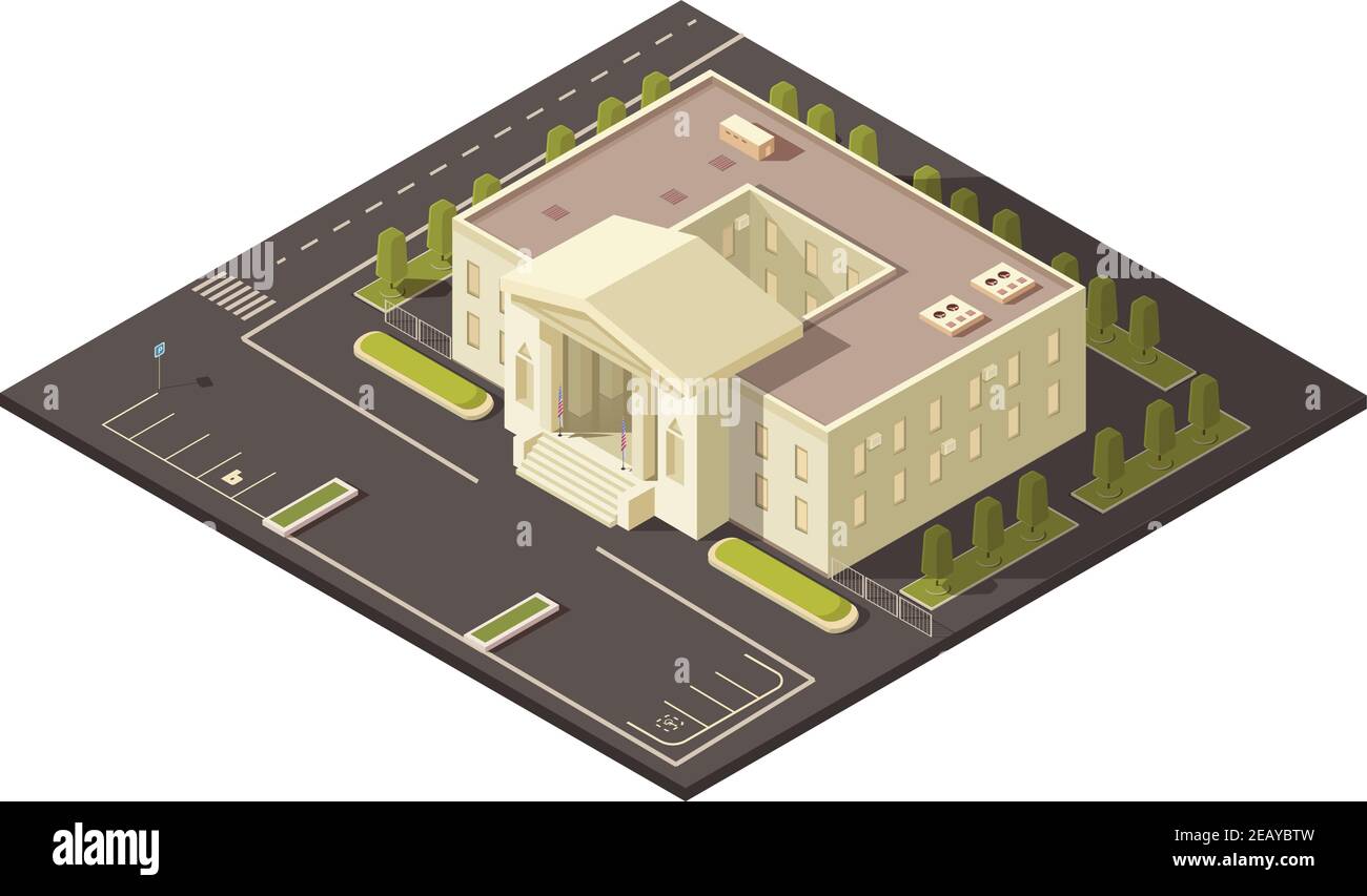 Government building concept with parking and lawns and trees isometric ...