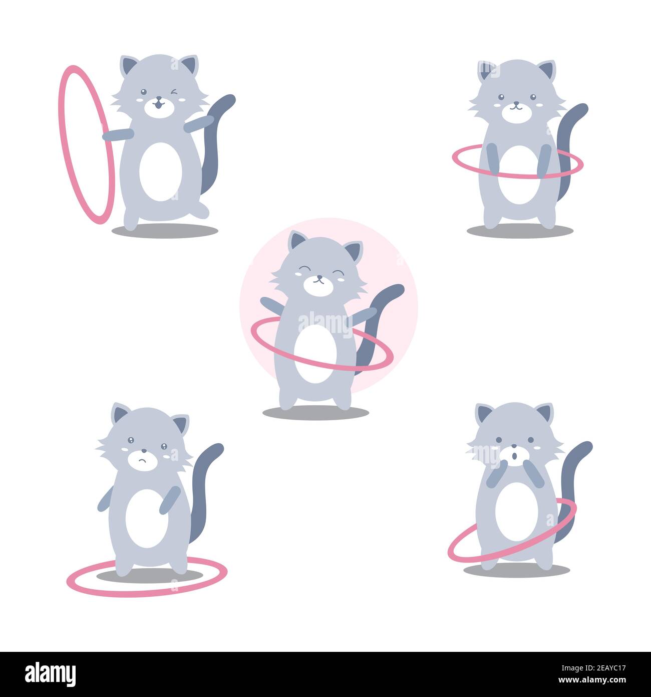 Cute Cat Kitten Playing Hula Hoop Poses Cartoon Character Stock Vector ...