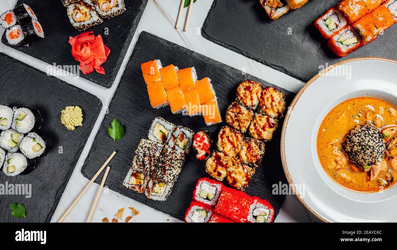 Overhead shot of a table of delicious Asian traditional food Stock ...
