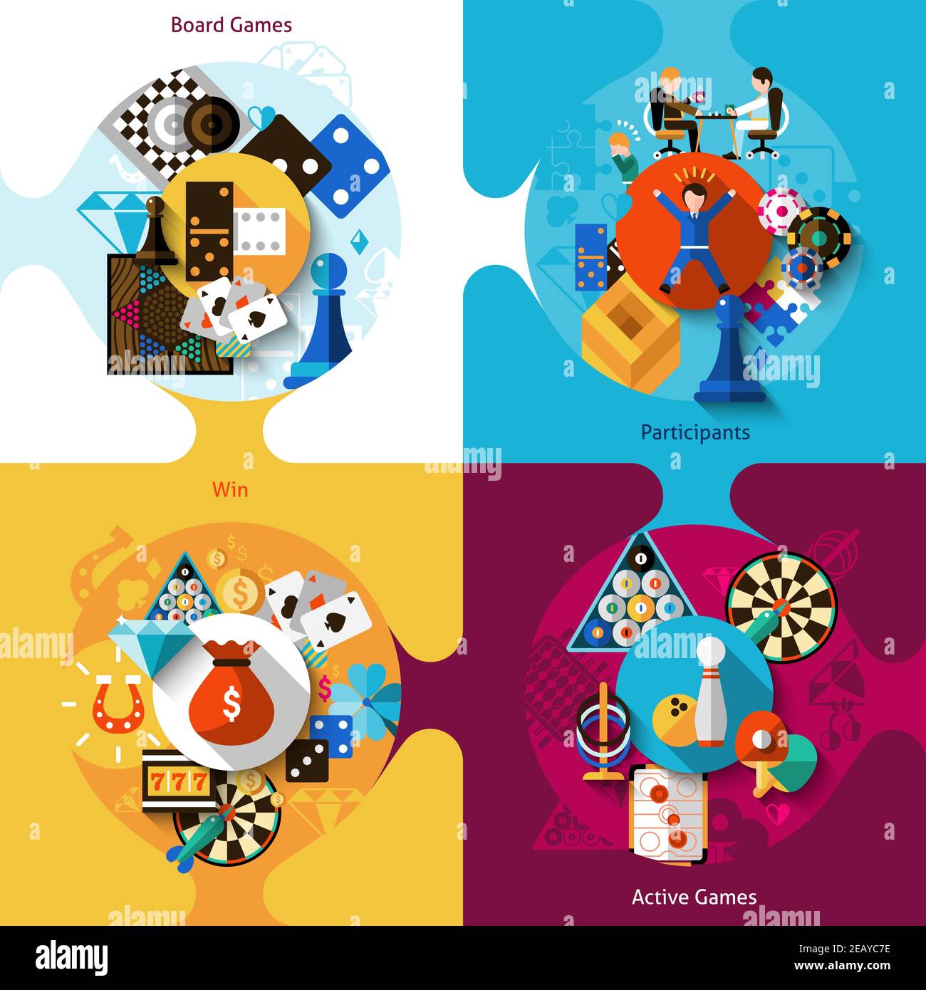 Games design concept set with board table active sport flat icons ...