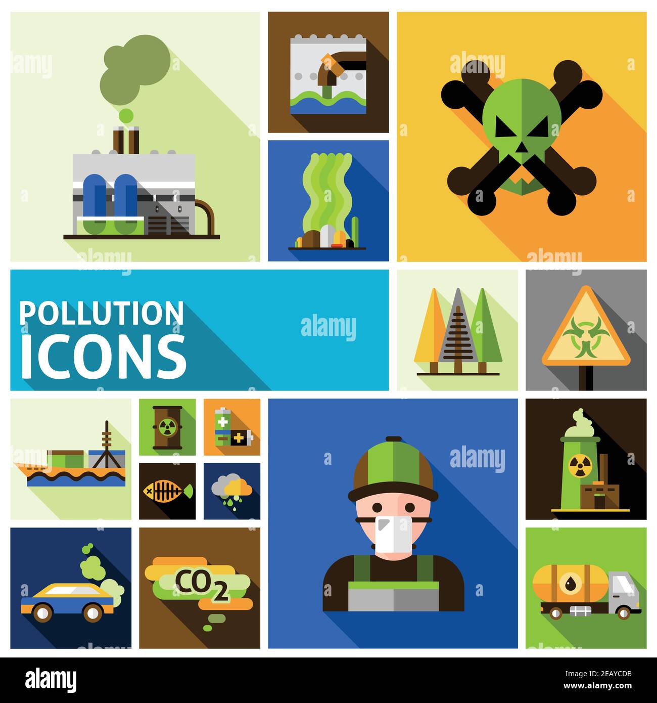 Pollution and environment toxic damage flat decorative icons set ...