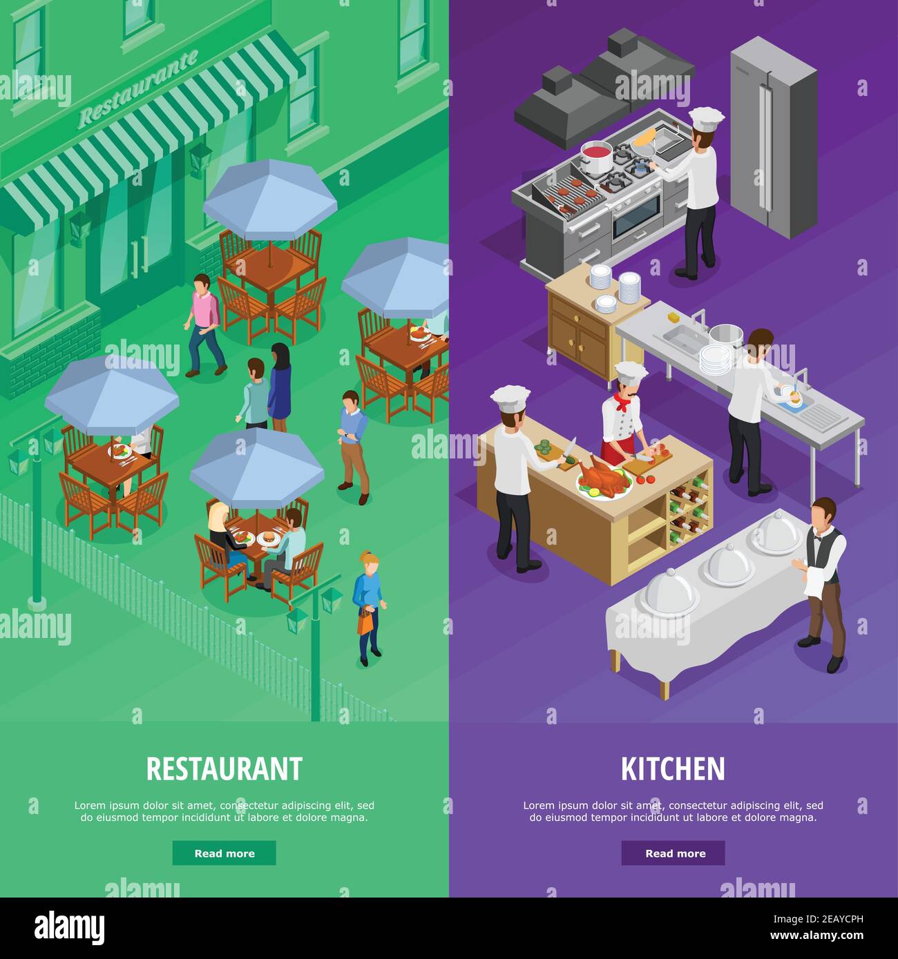 Restaurant vertical isometric banners set with kitchen symbols isolated ...