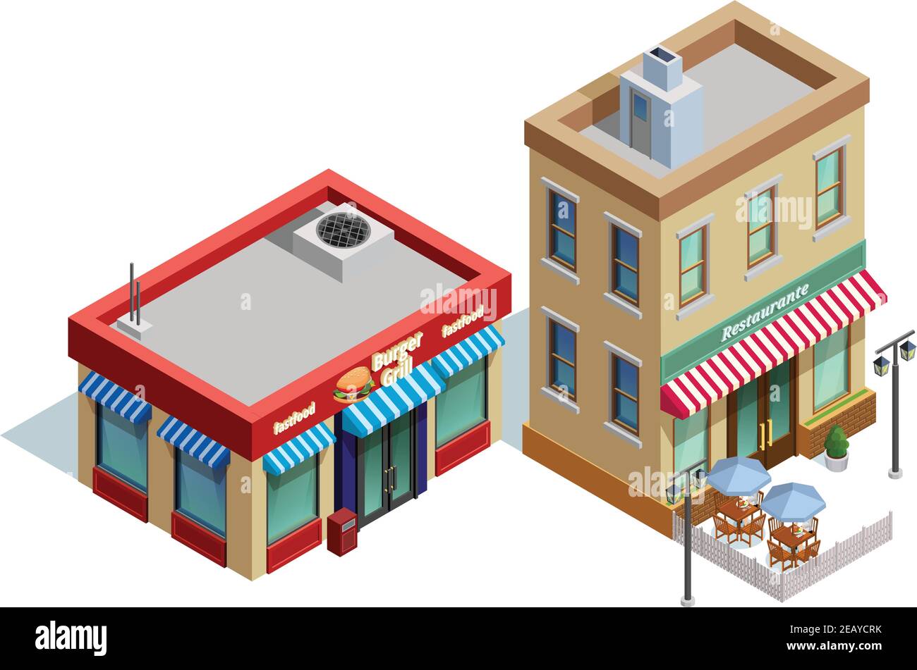 Restaurant buildings isometric composition with fast food and high ...