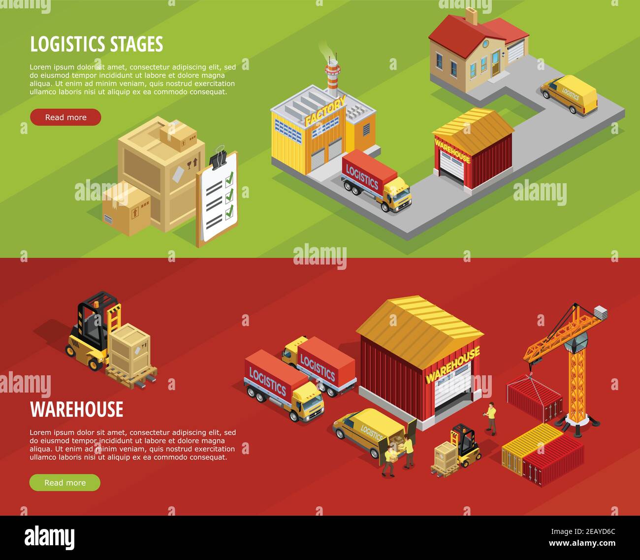 Logistics isometric horizontal banners with steps of delivery and ...