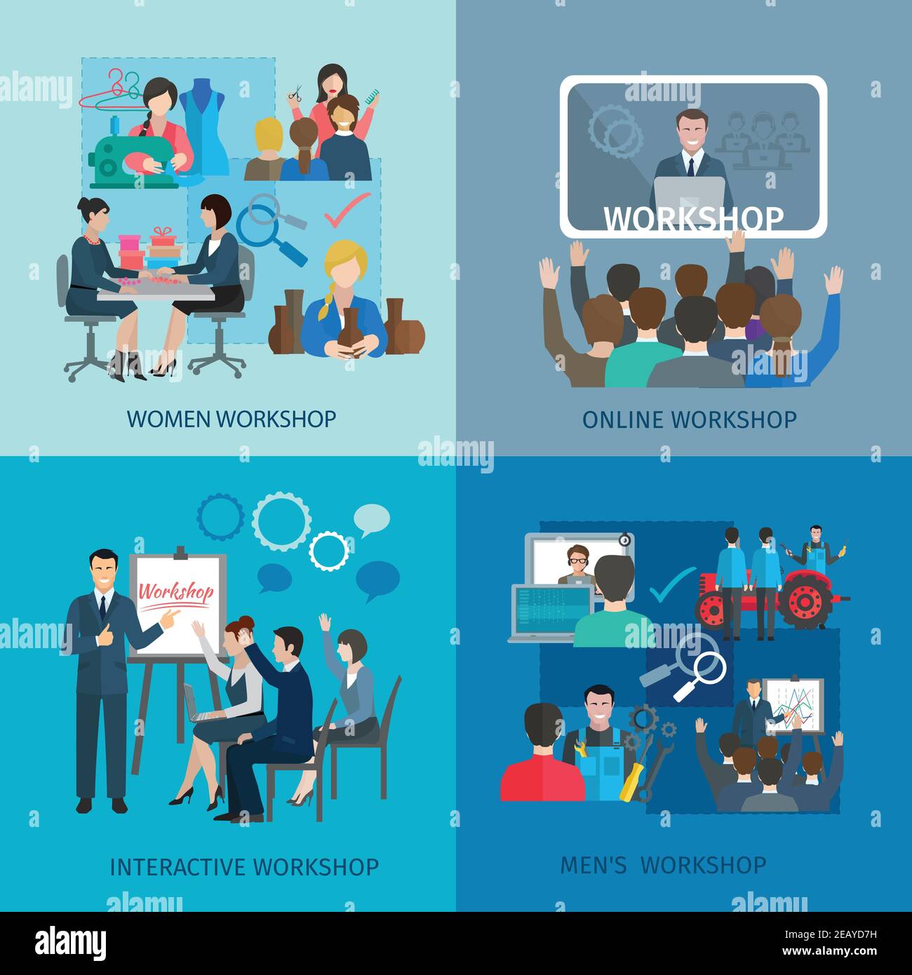Workshop design concept set with women men online interactive teamwork ...