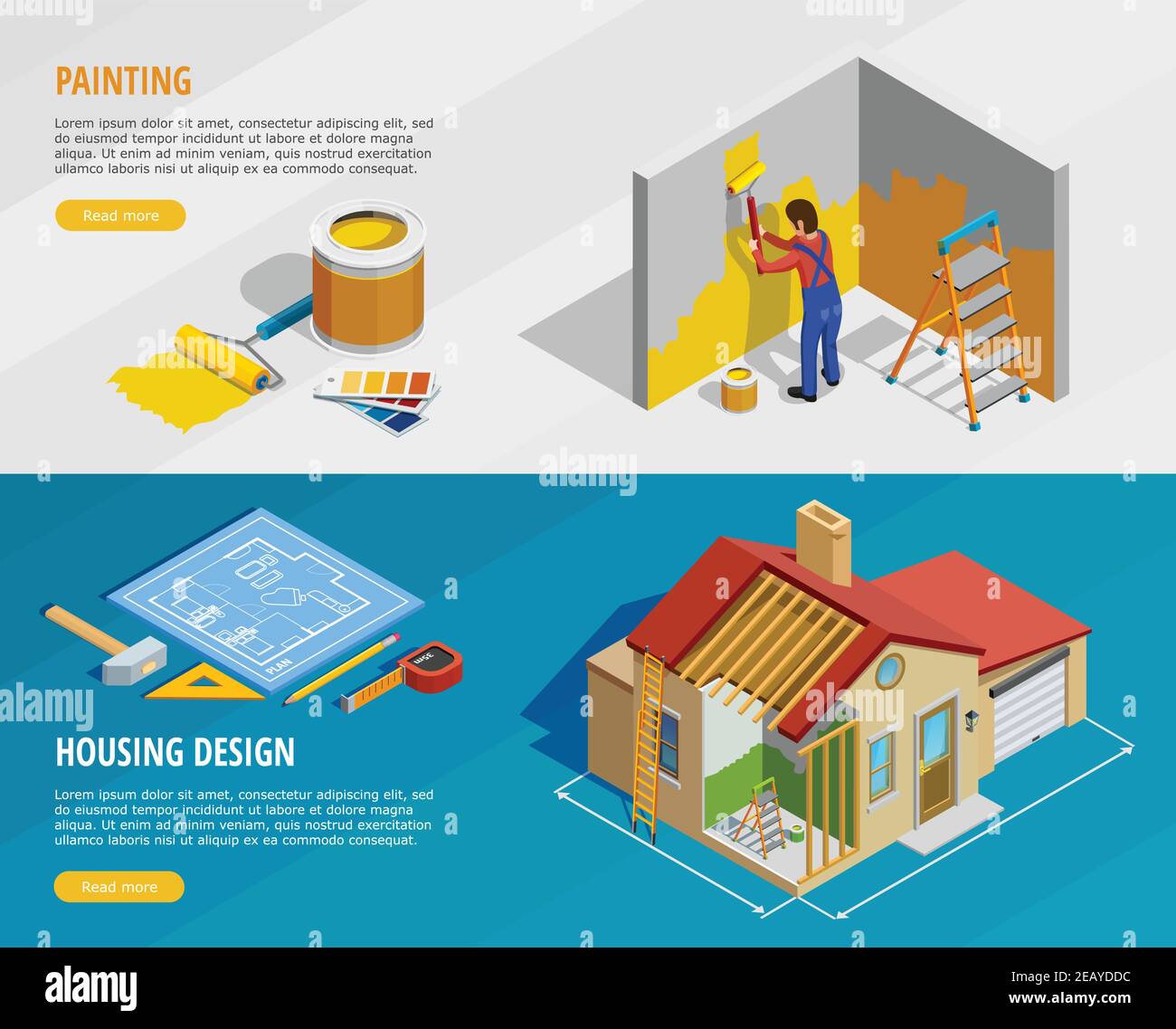 Home renovation isometric horizontal banners with painter tools and ...