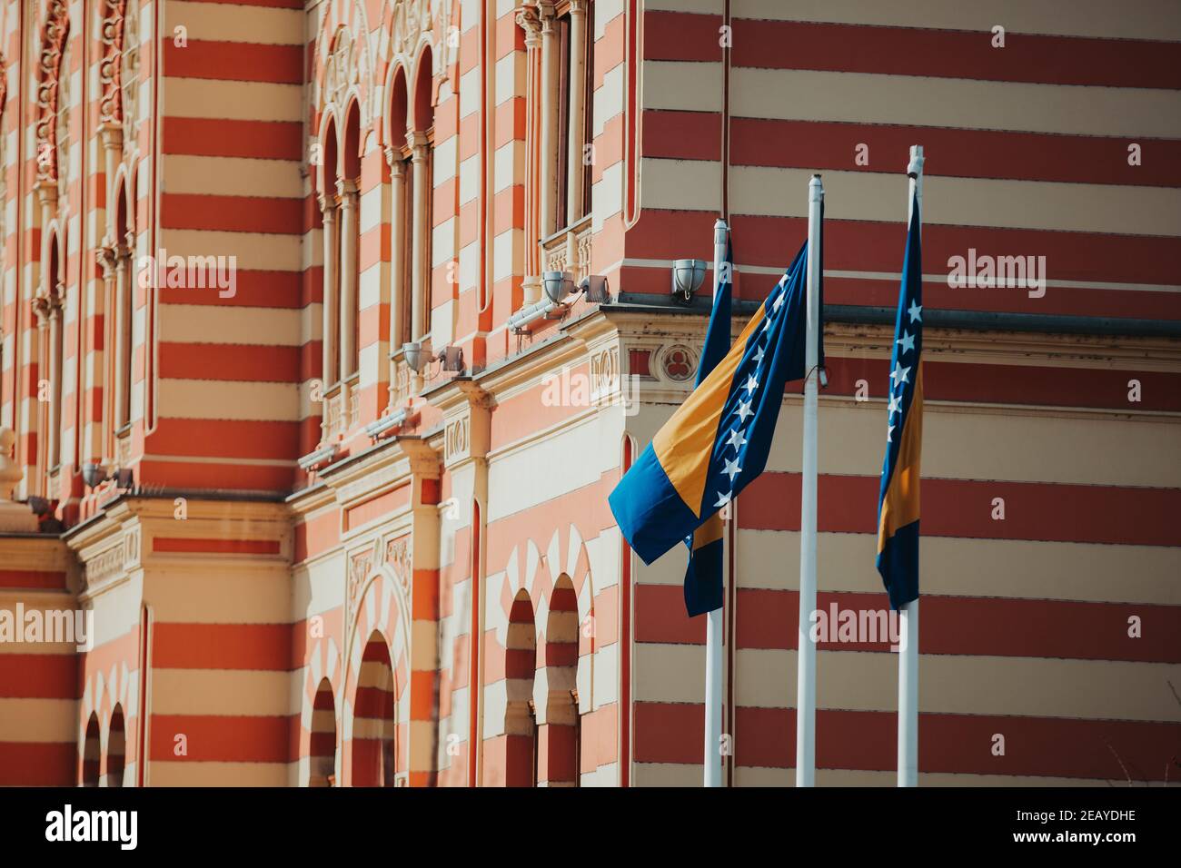 Flags of Bosnia and Herzegovina in front of City hall in Brcko district ...