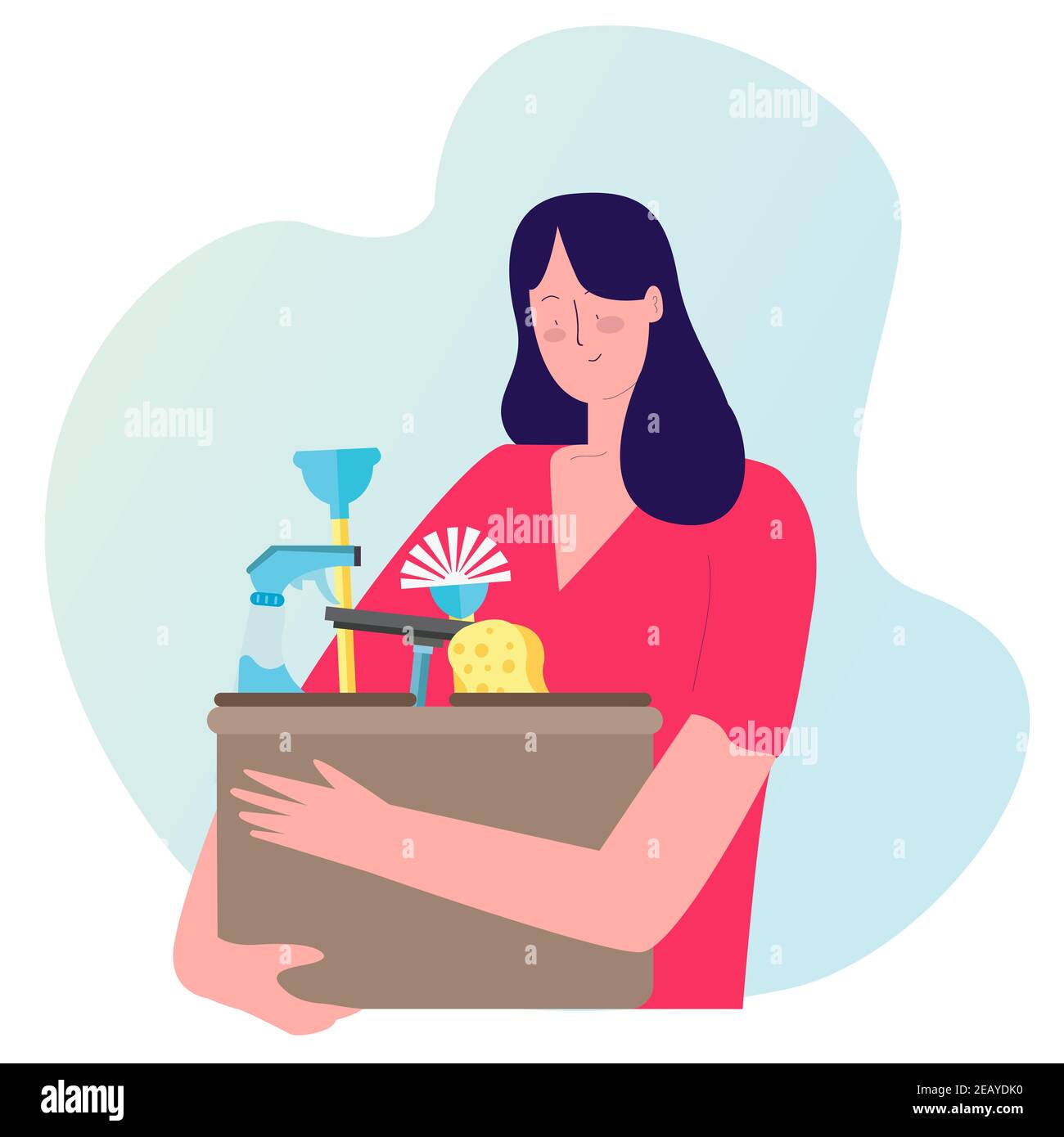 women hold box containing cleaning tools with cartoon flat style Stock ...