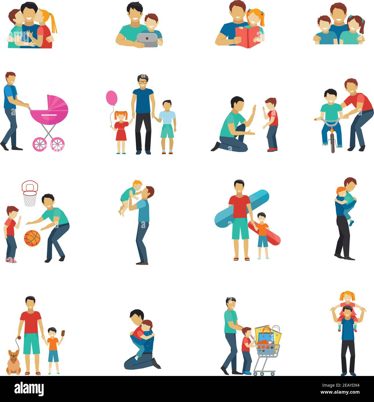 Fatherhood flat icons set with father playing with children isolated ...