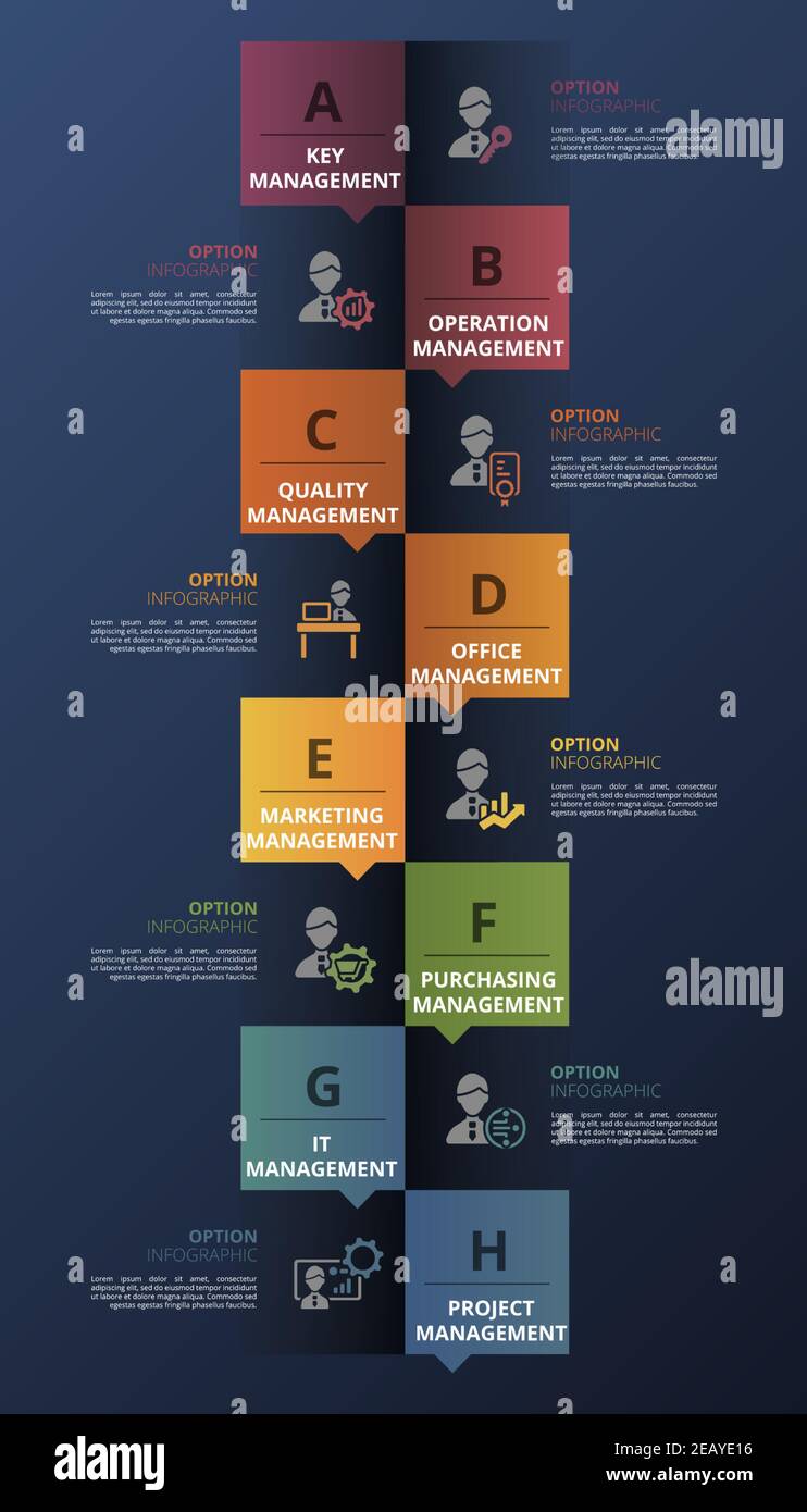 Infographic Company Management template. Icons in different colors ...